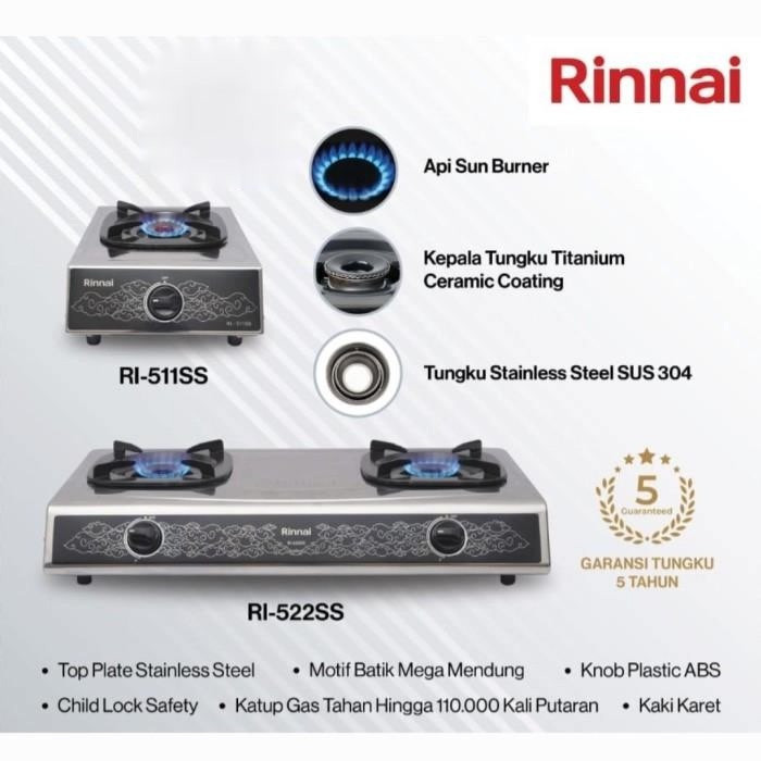 Jual Kompor Gas Rinnai Ri 522 ss Ri522ss Stainless 2 Tungku 522SS RI522 ...