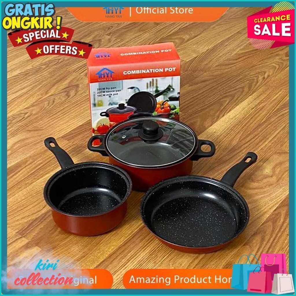 Jual Panci Set 3 In 1 Anti Lengket Panci Isi 3 Tutup Kaca Panci Set Pot Cookware Set (Murmer ...