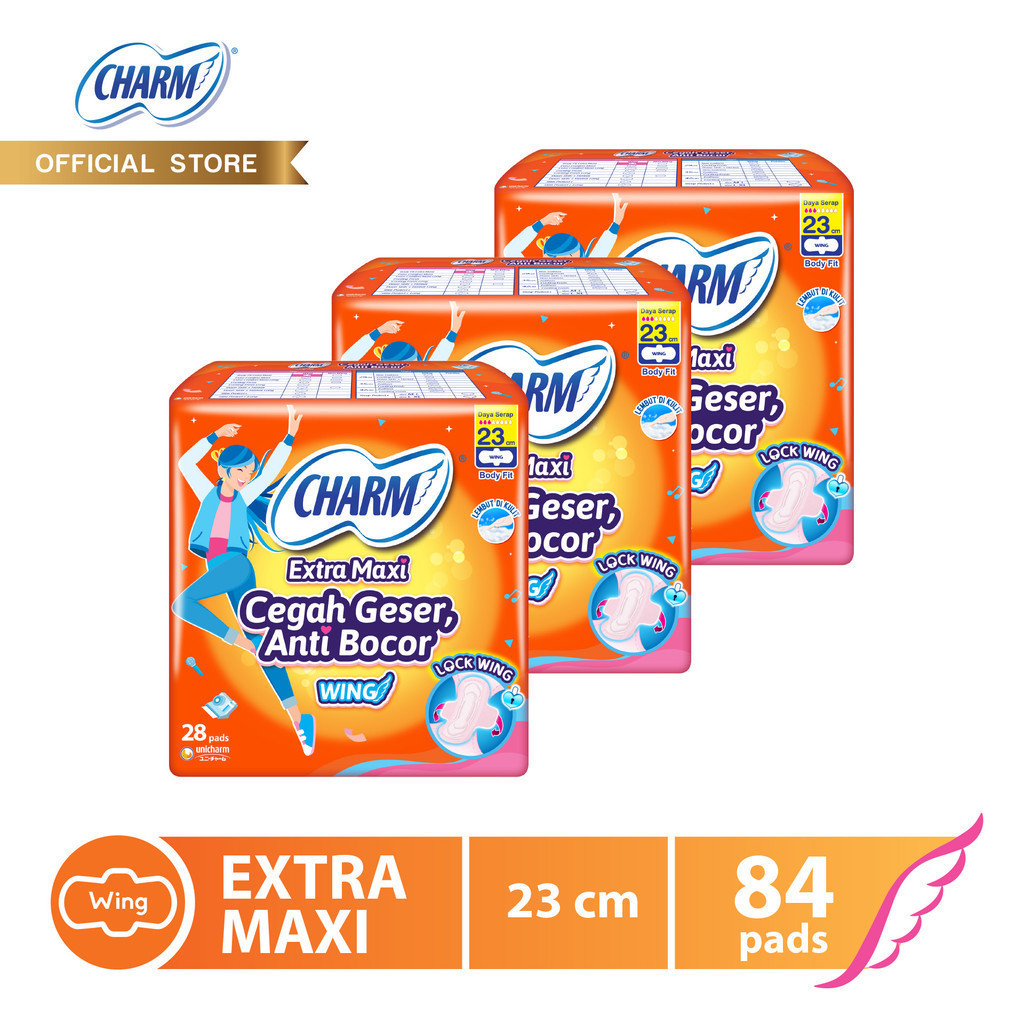 Jual Charm Pembalut Body Fit Extra Maxi 23cm Wing 28 pads - 3 Packs ...