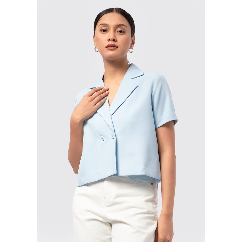 Jual Executive Double Breasted Crop Blazer Lt. Blue | Shopee Indonesia