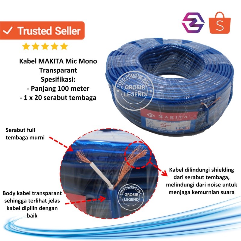 Jual Kabel mic mono 1x20 100m meter transparan biru Makita | Shopee ...