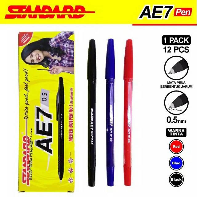 Jual [1 Kotak] Pulpen Standard AE7 Hitam, Biru, Merah / Ball Pen / Pena 0.5mm Standard AE7 ...
