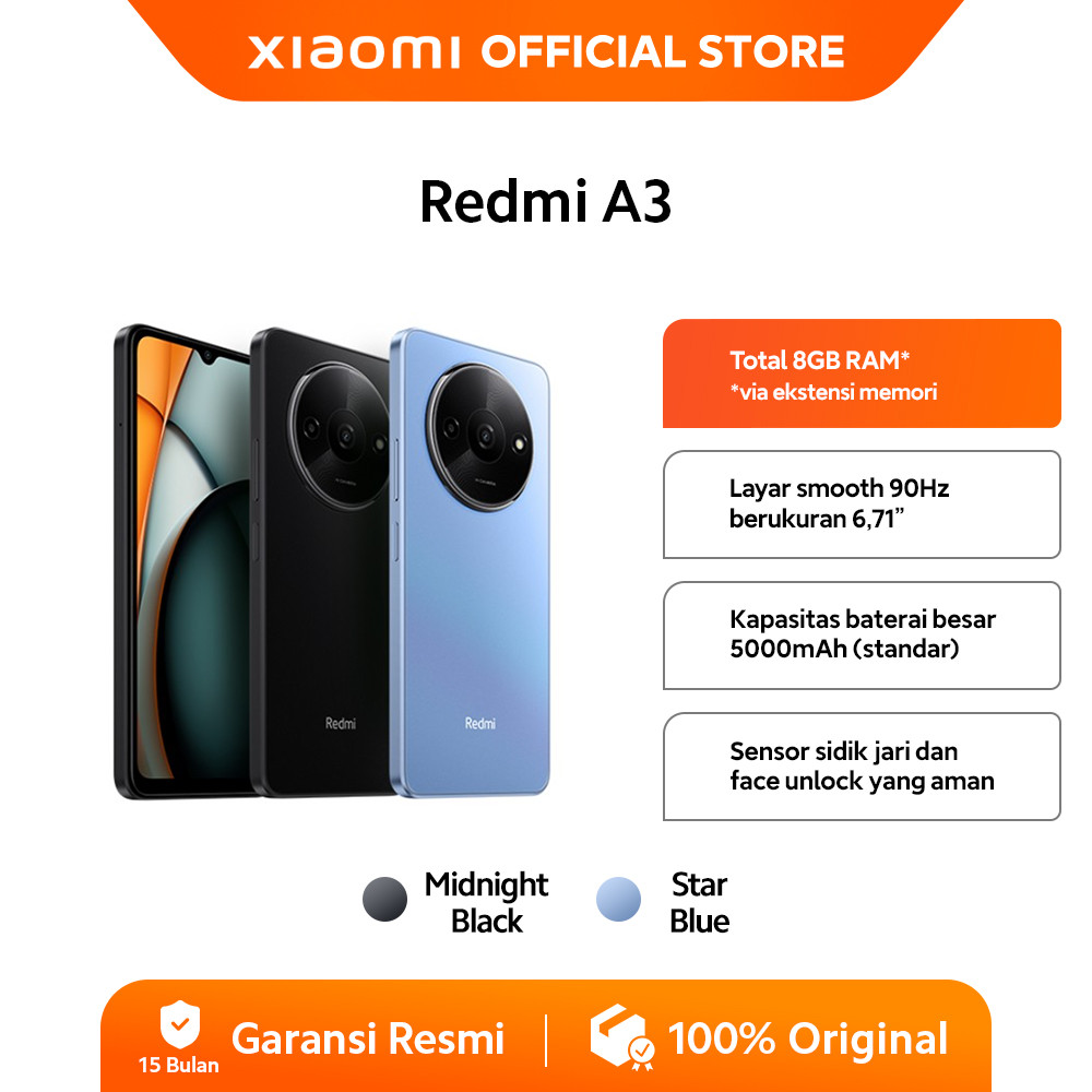 Jual Xiaomi Redmi A3 (4GB/128GB) | Layar Muluz 90 Hz | Sensor Sidik Jari & Face Unlock | Desain ...