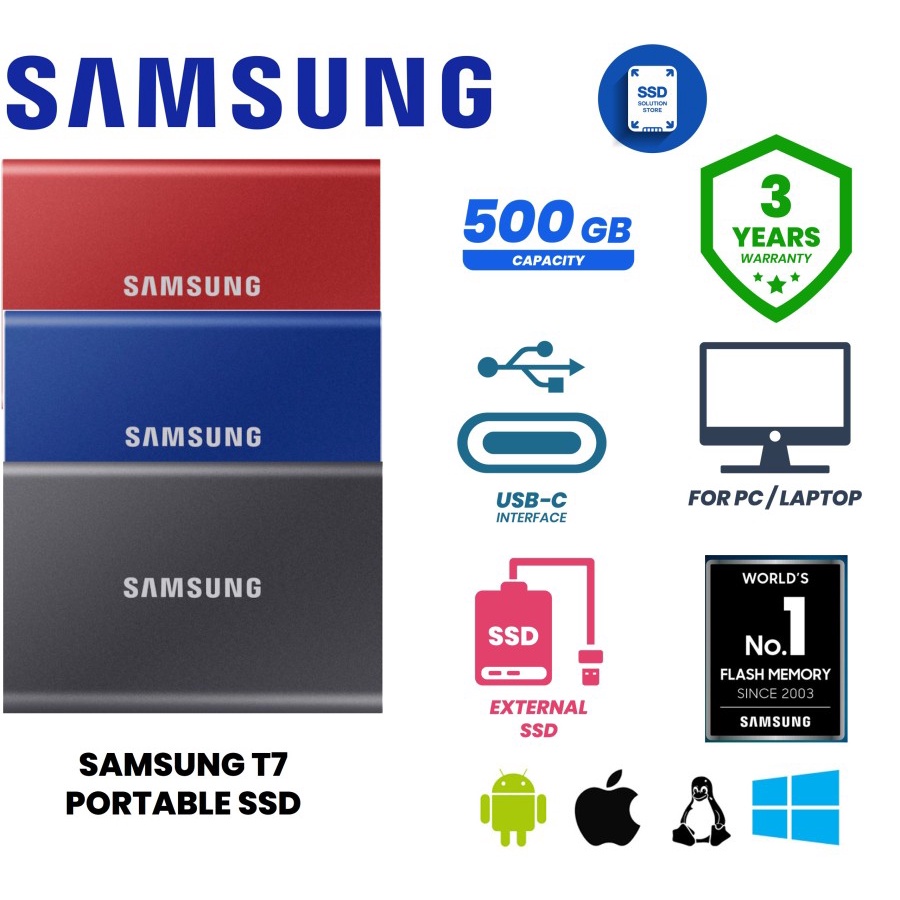 Jual Samsung Portable SSD T7 500GB / External SSD 500GB / 3 years ...