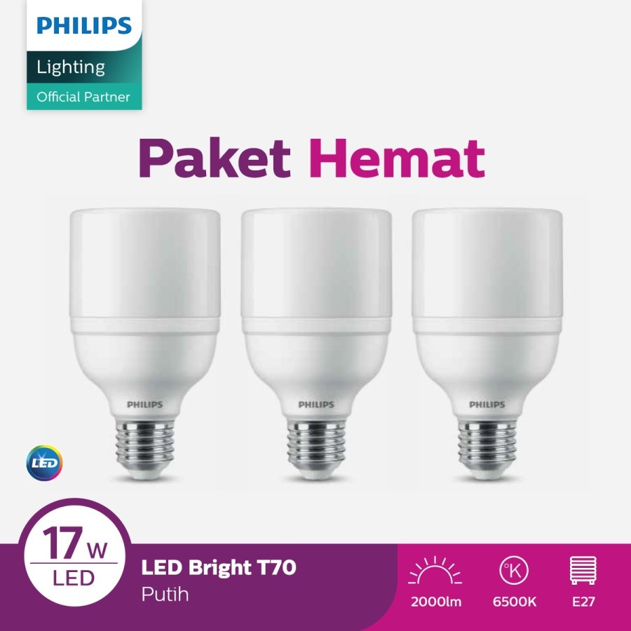 Jual Philips Paket 3 Lampu LED Bright 17W E27 6500K Putih | Shopee ...