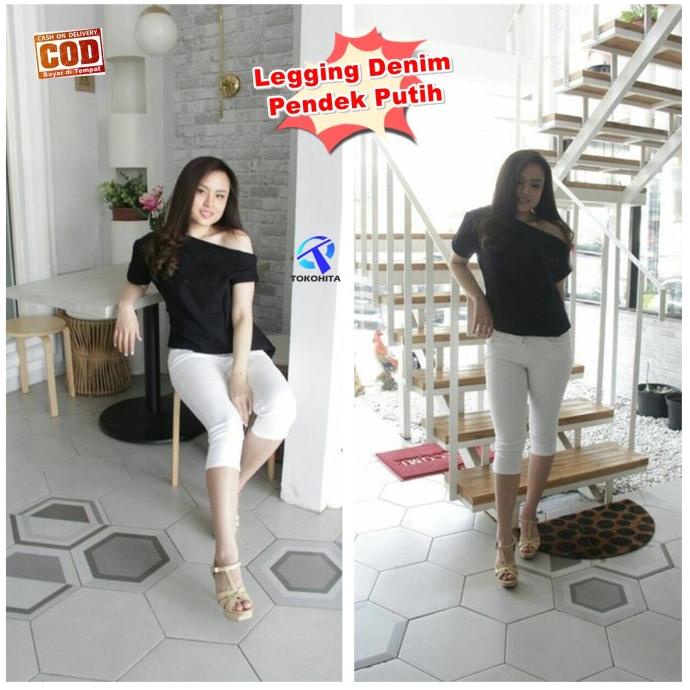 Jual Legging Putih Dewasa Jumbo Denim Pendek Premium Fit to XXL ...