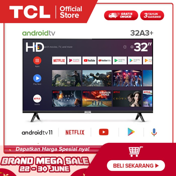 Jual Tcl 32 Inch Android Smart Led Tv Hd Google Ai & Dolby Audio (32A3 ...