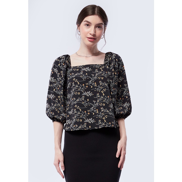 Jual Executive Printed Square Neck Blouse Black | Shopee Indonesia