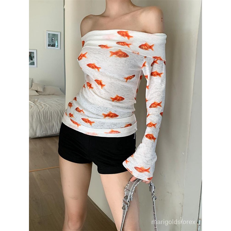 Jual Kaos lengan panjang motif ikan mas untuk wanita/Off The Shoulder ...