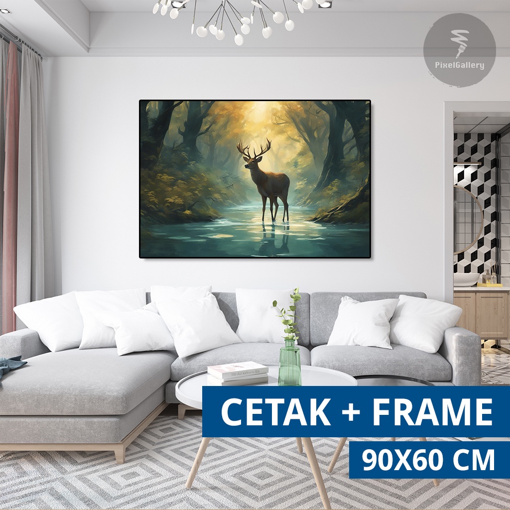 Jual Lukisan MEGAJUMBO 90X60 Rusa Di Tengah Hutan Hiasan Dinding ...