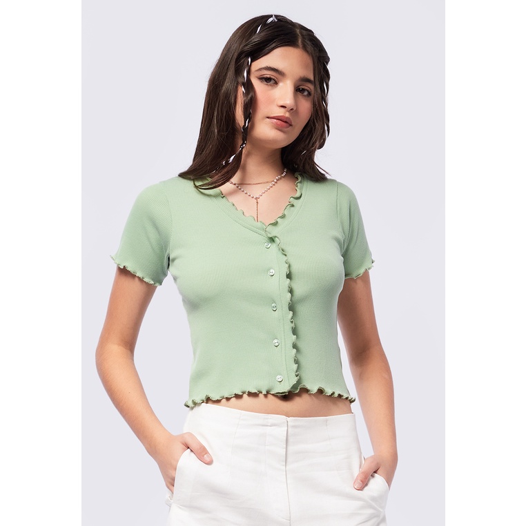 Jual COLORBOX Ruffled Short Sleeve Crop Top Sage | Shopee Indonesia
