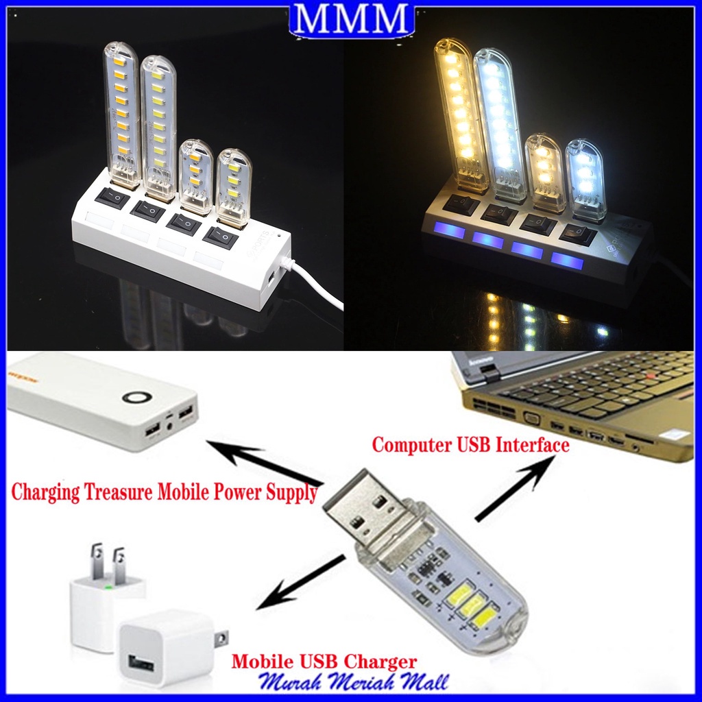 Jual MMM Lampu LED USB Mini 3 Mata Transparan Lampu USB 8 Led Model ...