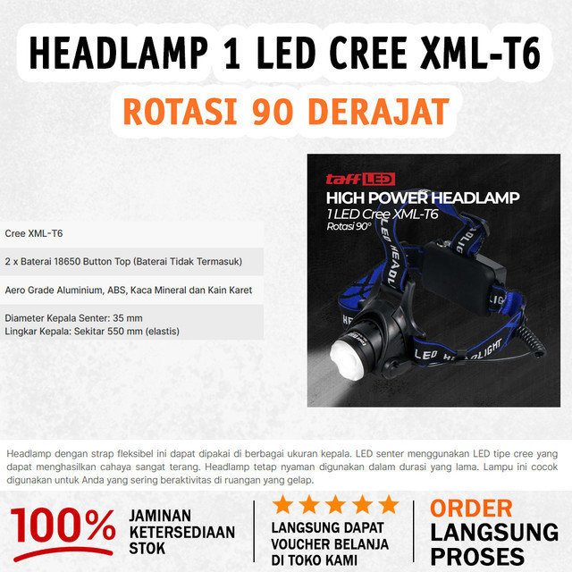 Jual Senter Kepala/Headlamp | LED Cree XML-T6 Cooling Sistem Rotasi 90° Strap Halus Kuat 2x ...