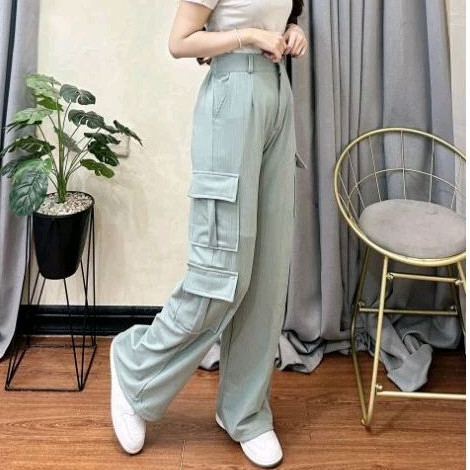 Jual Celana Cargo Pants Wanita Premium Highwaist Bahan Knit Casual Kekinian Kulot Kargo Viral ...