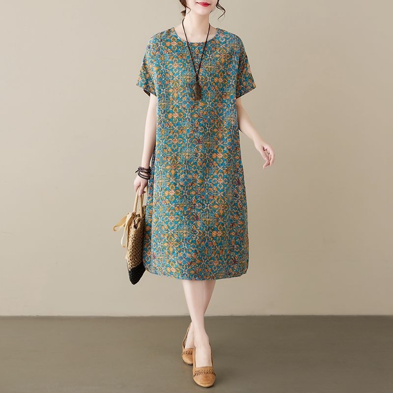 Jual Gaun Motif Bunga Katun dan Linen Rok Lengan Pendek Temperamen ...