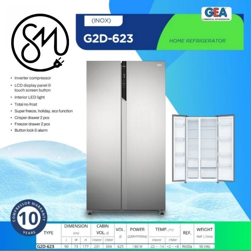 Jual Kulkas 2 pintu GEA G2D-623 Side by Side INOX G2D623 625 L | Shopee Indonesia
