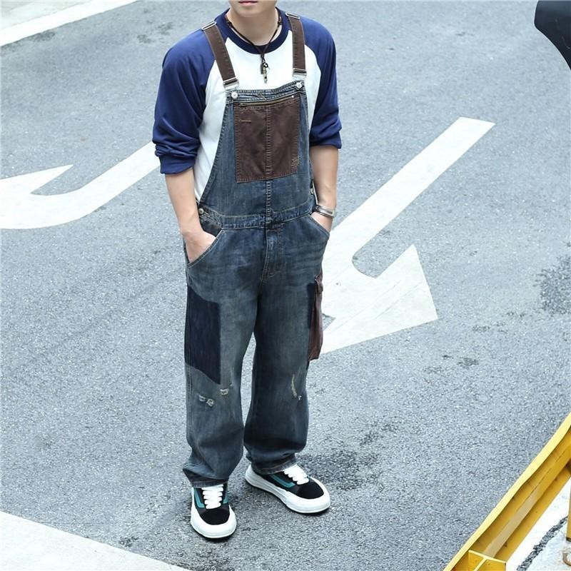Jual Men's Patchwork Denim Overalls Overalls One-Piece Large Pocket ...