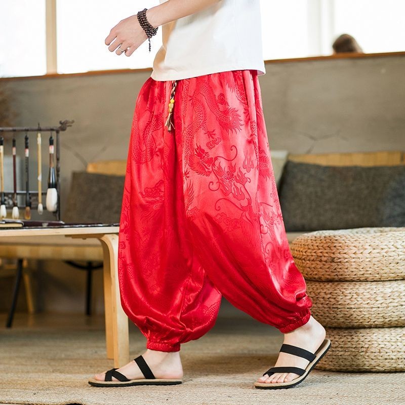 Jual Chinese Dragon Pattern Red Ice Silk Pants Men's Thin Chinese Style ...