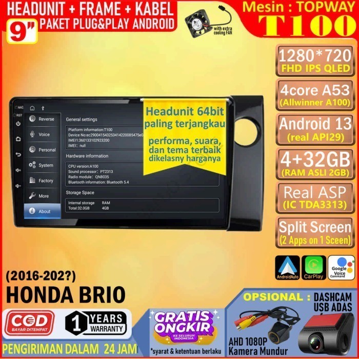 Jual Paket Headunit Android 9 inch + Frame + Soket PNP Honda Brio 2016 ...