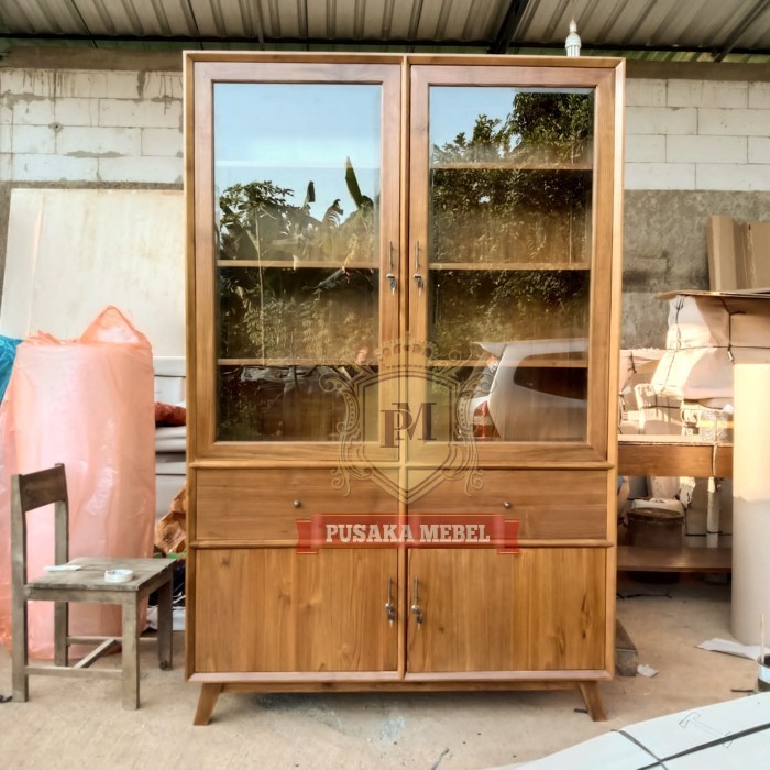 Jual lemari rak dapur kaca kayu jati, lemari rak display pajangan kayu ...