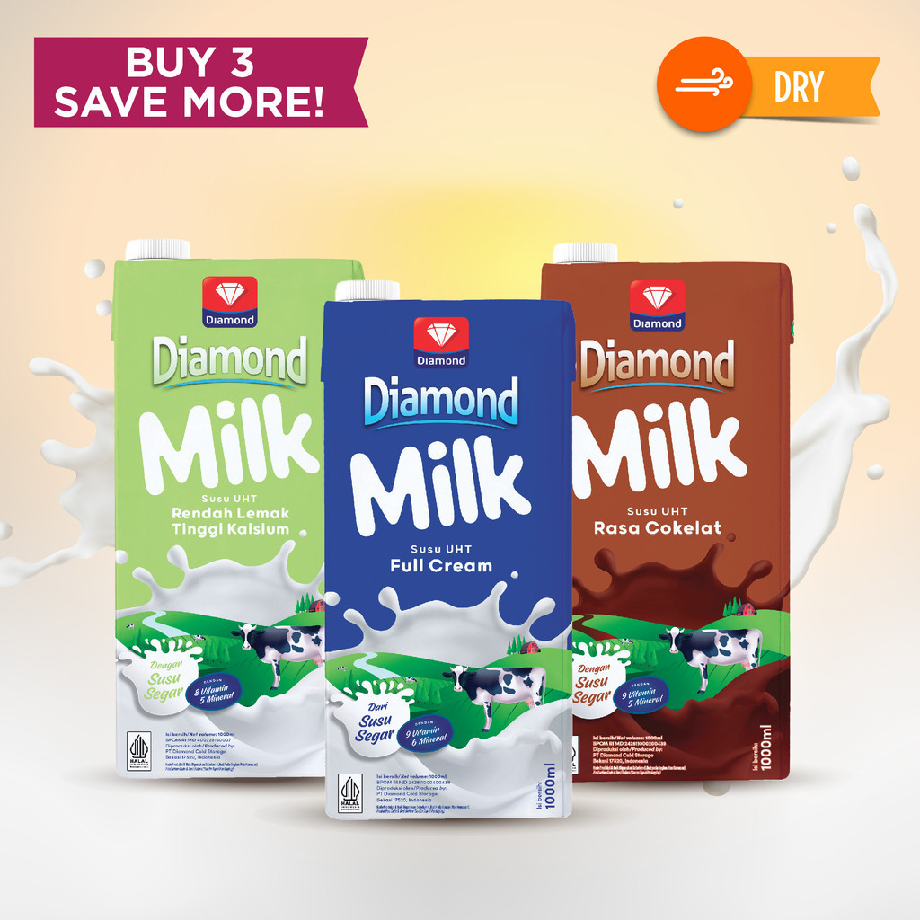 Jual DIAMOND MILK UHT 1 LT (FULL CREAM, CHOCOLATE, LO-FAT HI-CALCIUM ...