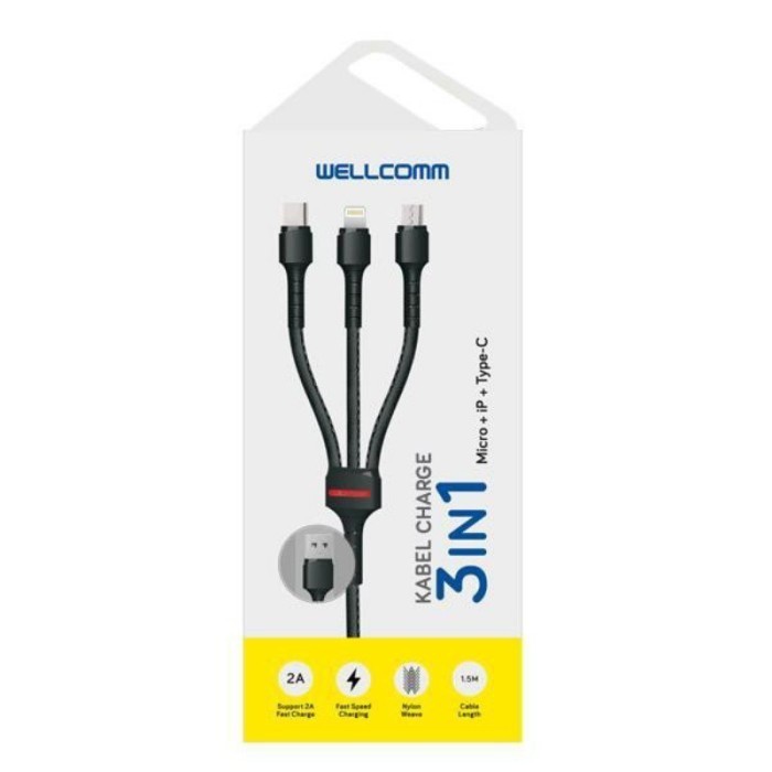 Jual Kabel Charger Wellcomm 3 in 1 +micro & Type C Fast Charging ...