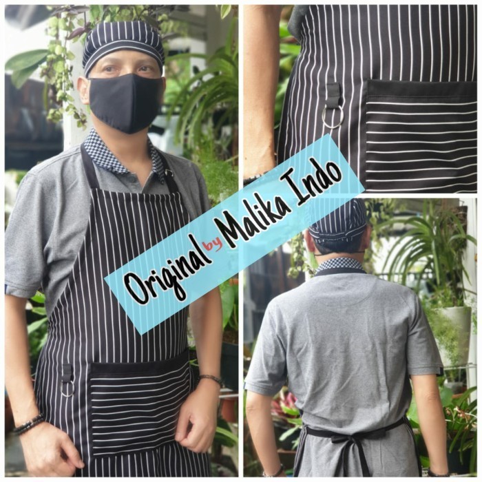 Jual Paket Topi+Celemek Barista Salur Hitam-Putih Apron Salur Fullsize | Shopee Indonesia