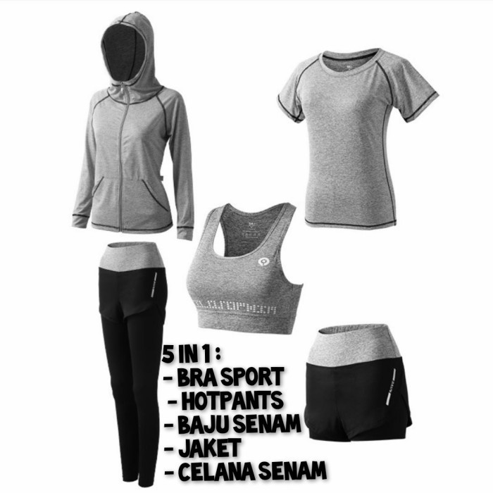 Jual Baju Senam Set 5 in 1 Gym Lari Olahraga Wanita (Baju+Jaket+Bra ...