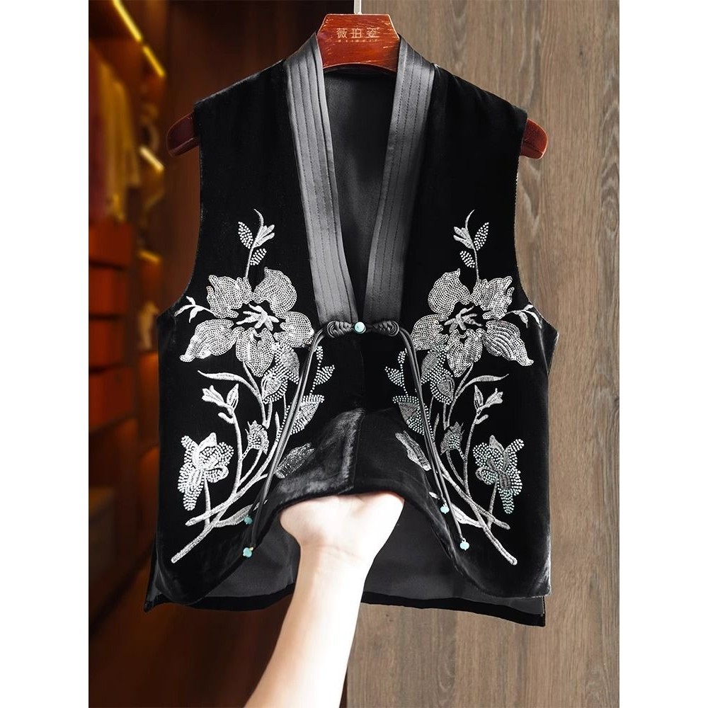 Jual High-End Silk Velvet New Chinese Style Vest Jacket Female Beaded ...