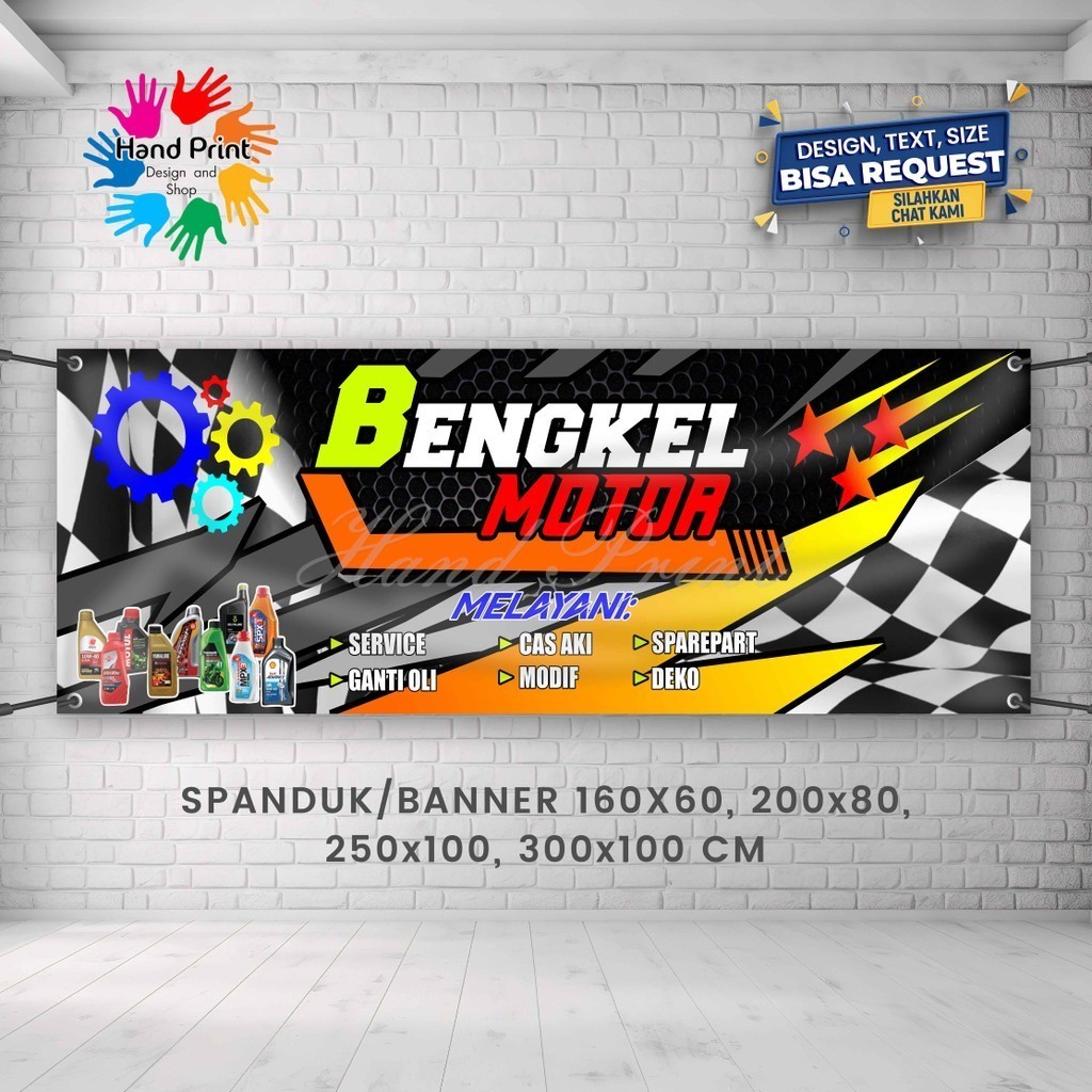 Jual Cetak Spanduk Banner Bengkel Perbaiki Motor Hitam Oren MMT Spanduk ...