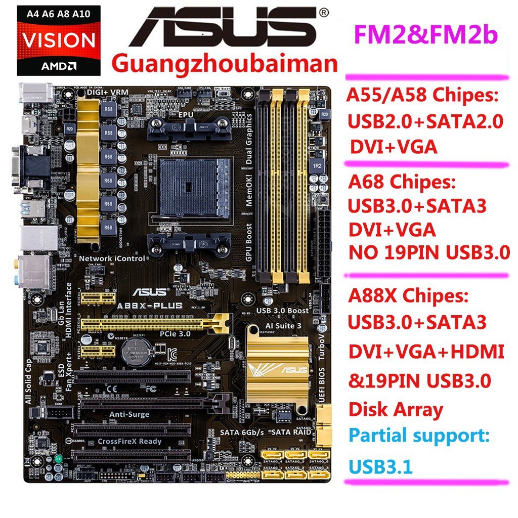 Jual Motherboard AMD Socket FM2 + Bekas untuk Asus A88XM-PLUS Motherboard A88X FM2 PC Desktop ...