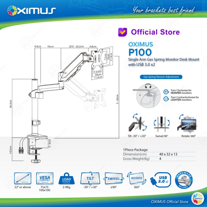 Jual BRACKET MONITOR GAS SPRING OXIMUS P100 TILT SWIVEL ROTATE USB 3.0 ...