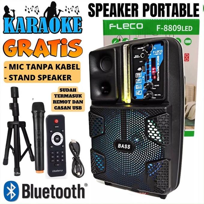 Jual SPEAKER BLUETOOTH FLECO F-8809 LED 8,5 FREE STEND BONUS MIC WIRELESS | Shopee Indonesia