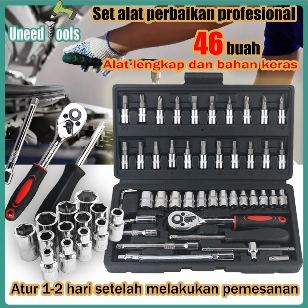 Jual (COD) UneedTools kunci shock set 46pcs BLACK Full Mobil Motor Lengkap Socket Tool kunci ...