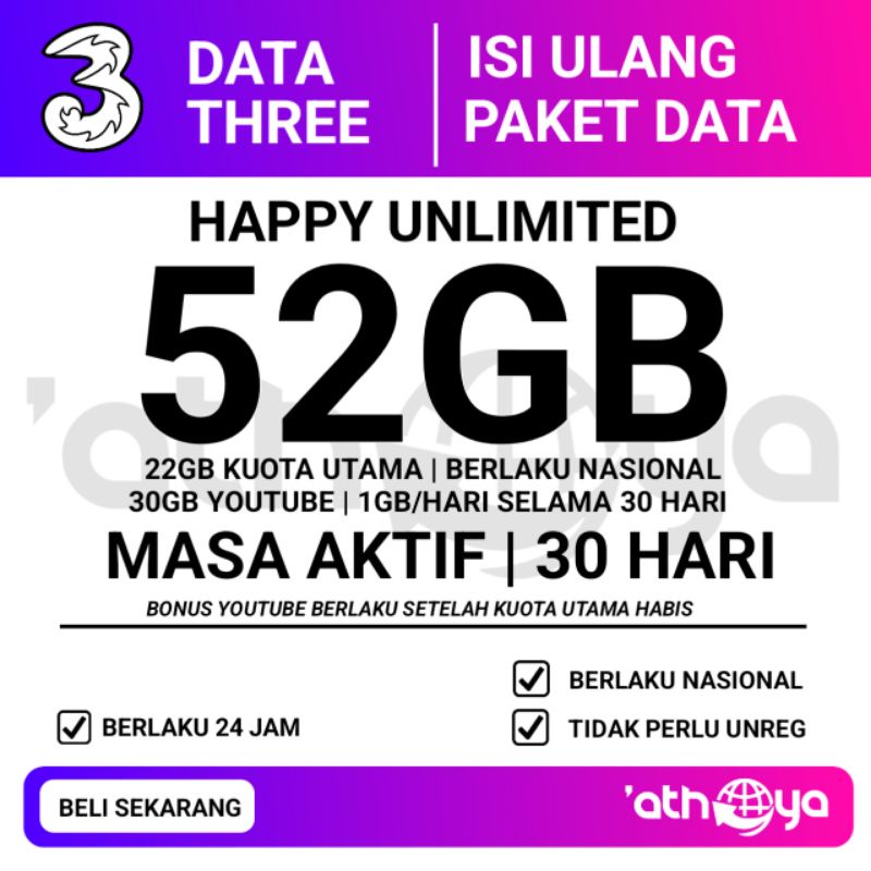 Jual Kuota 3 Paket data 3 kuota tri Paket data TRI HAPPY+UNLIMITED | Shopee Indonesia