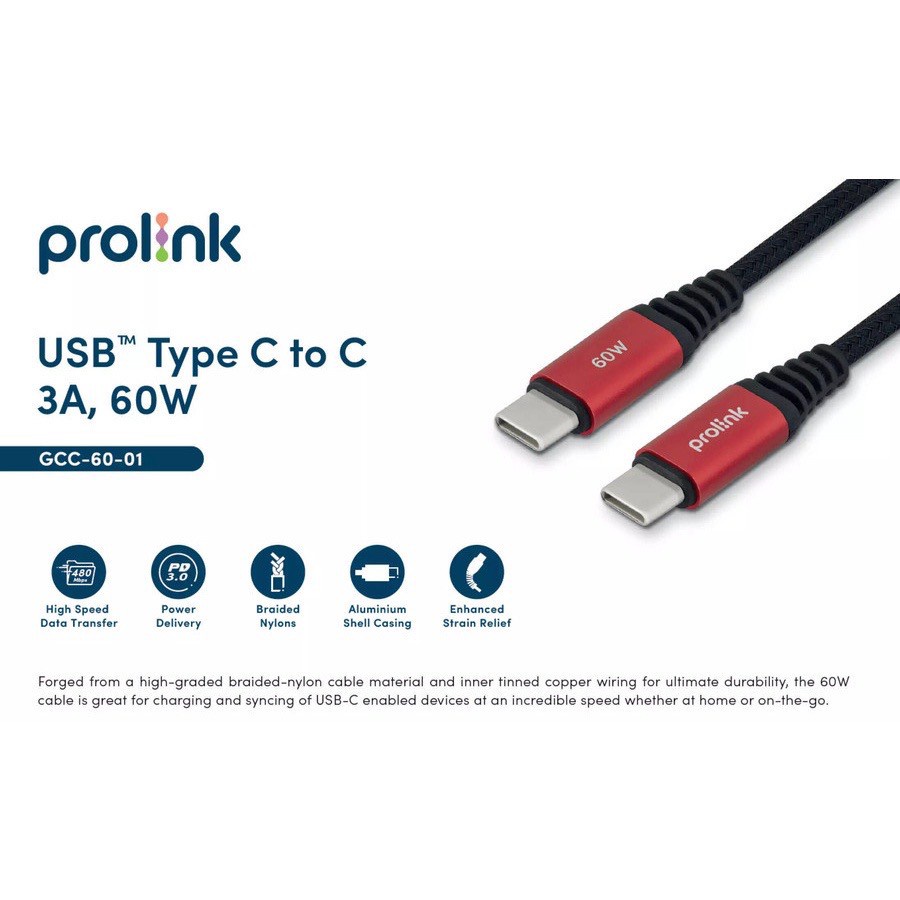 Jual PROLINK Kabel Data GCC-60-01 USB Type-C C 3A 60W typec ctoc c2c cable 60 watt 60wat 60watt ...