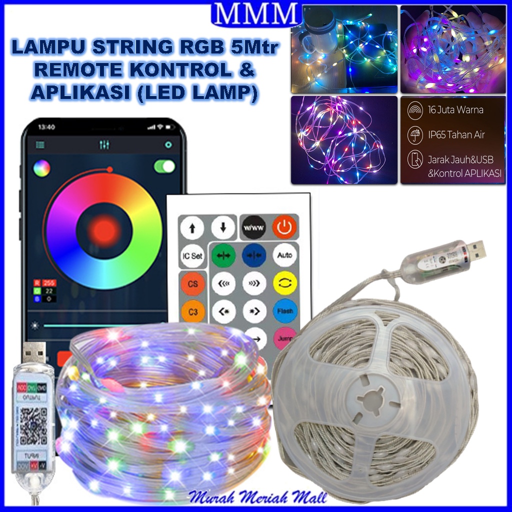 Jual MMM Lampu LED String RGB 5Mtr 100 LED Remote Bluetooth Apk Lampu ...