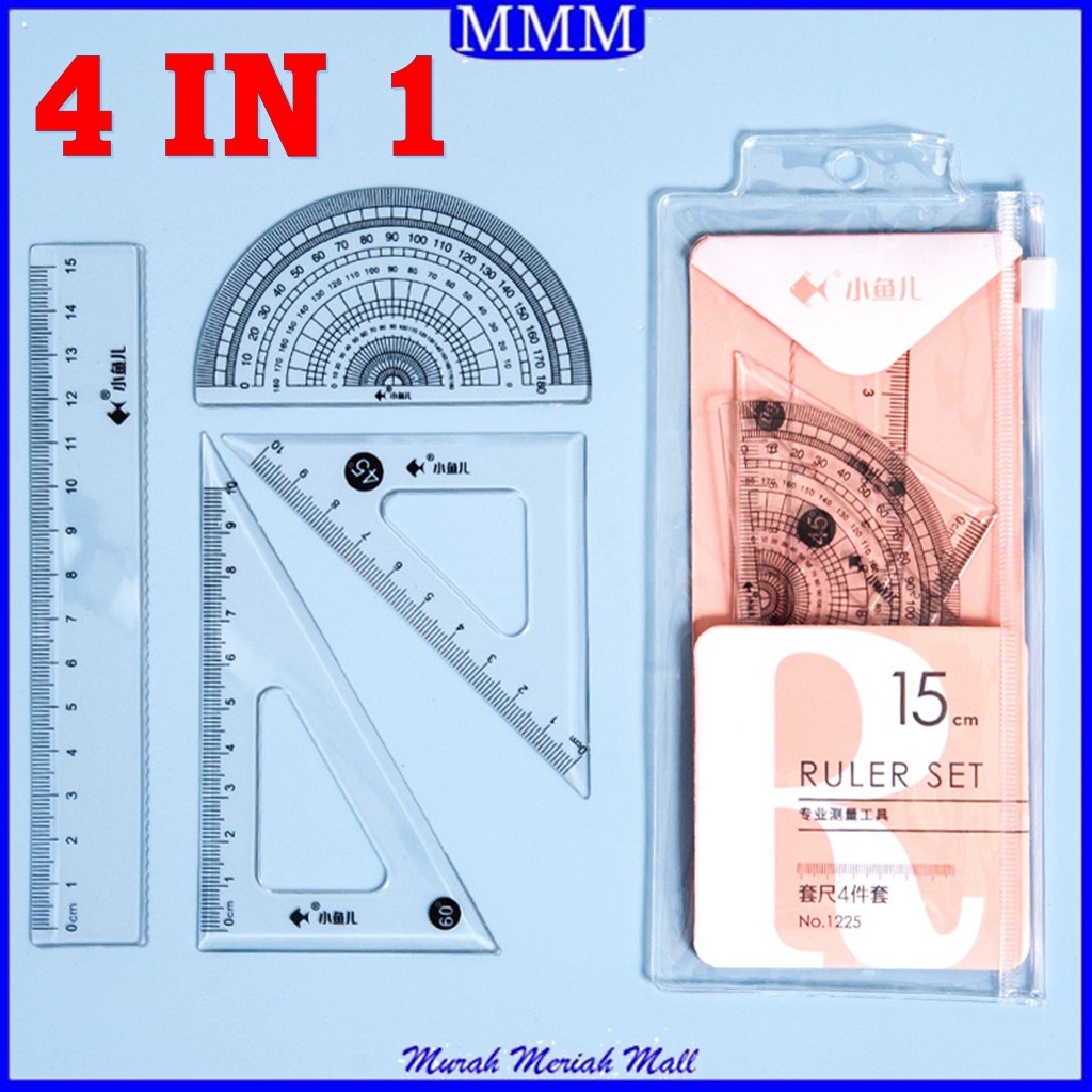 Jual MMM Penggaris Set 4 IN 1 Panjang 15Cm Penggaris Bening Sekolah Isi ...