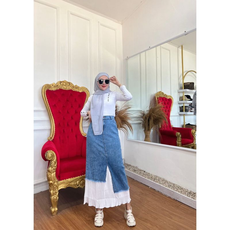 Jual Rok wanita/rok jeans/rok METHA JEANS MIX PLISKET/rok korean style ...