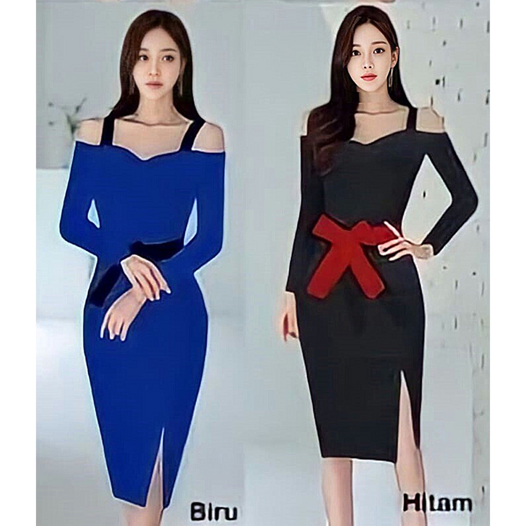 Jual Midi Dress Hitam 1276 - Model Sabrina Wanita dengan Pita Pinggang ...