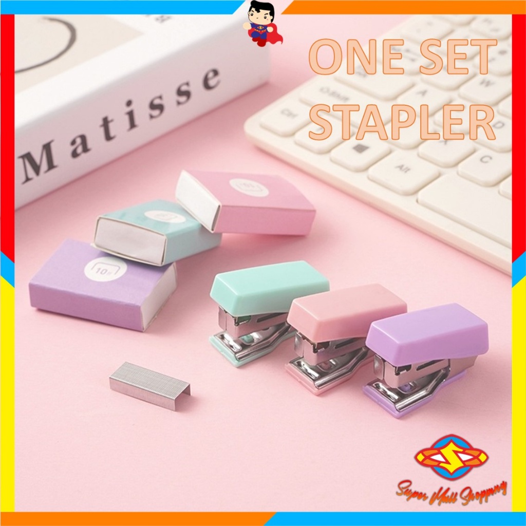 Jual SMS Mini Stapler Set Macaron Color Staples Mini Ukuran Kecil Unik Kemasan Box Lucu Free Isi ...