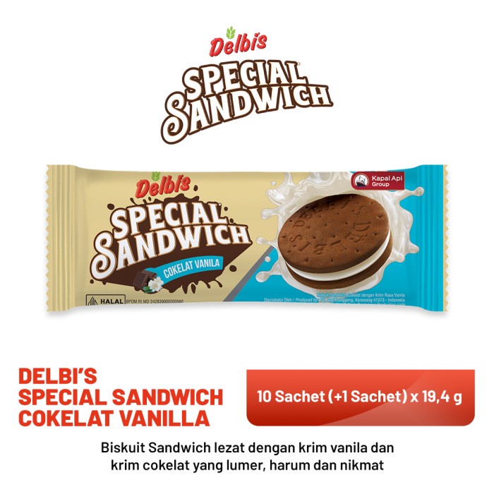 Jual Delbis Special Sandwich Cokelat Vanilla (10 Sachet x 19.4 gram ...