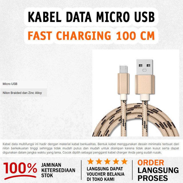 Jual Kabel Data Charger Cas | Micro USB Transfer Data 1m - Golden ...
