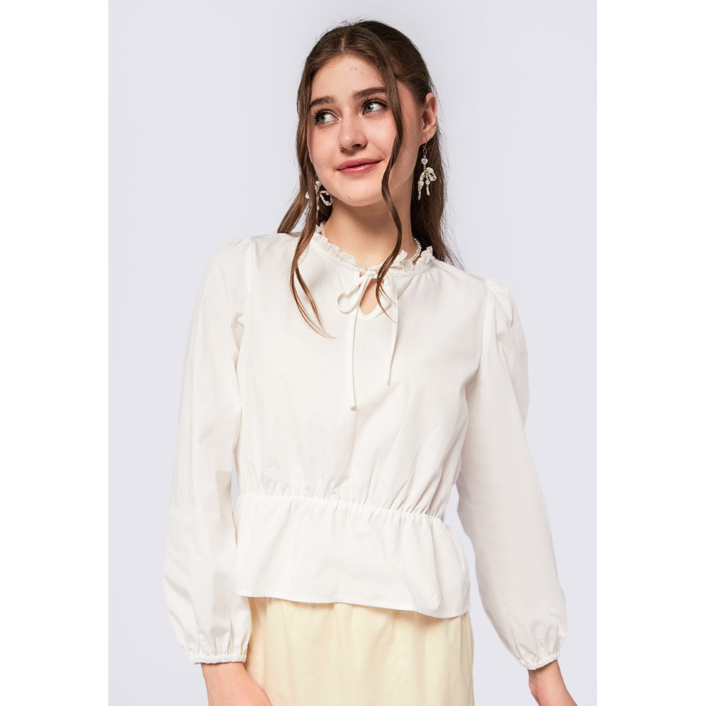 Jual COLORBOX Tie Front Ruffled Blouse Off White | Shopee Indonesia