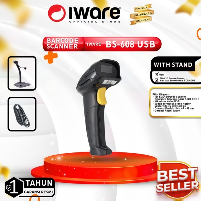 Jual Barcode Scanner 2D Iware Bs-608 Usb With Stand Qrcode | Shopee ...