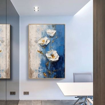 Jual Lukisan Bunga Mawar Background Biru Berdiri Teksture Tebal Modern ...
