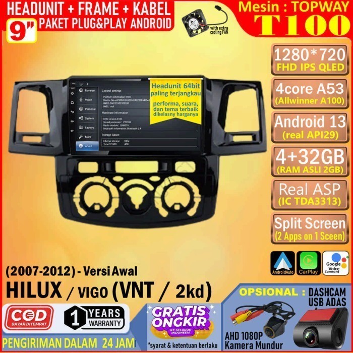 Jual Paket Headunit Android 9 inch + Frame + Soket PNP Toyota Hilux ...