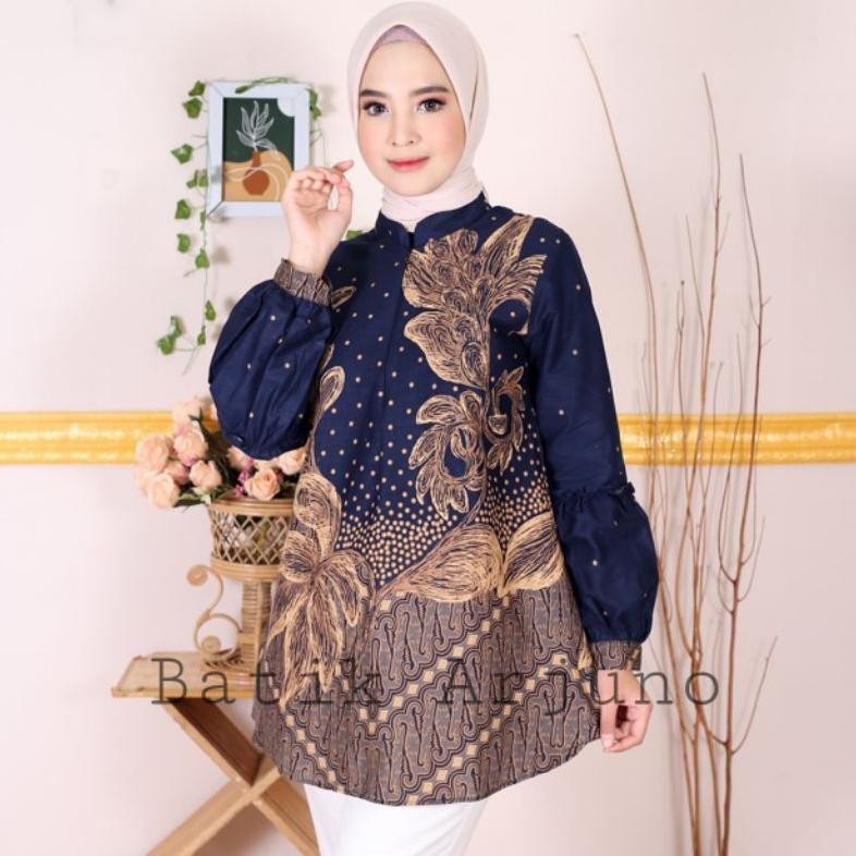 Jual New Batik Modern Wanita Blus Batik Cempaka Lengan Balon Resleting ...