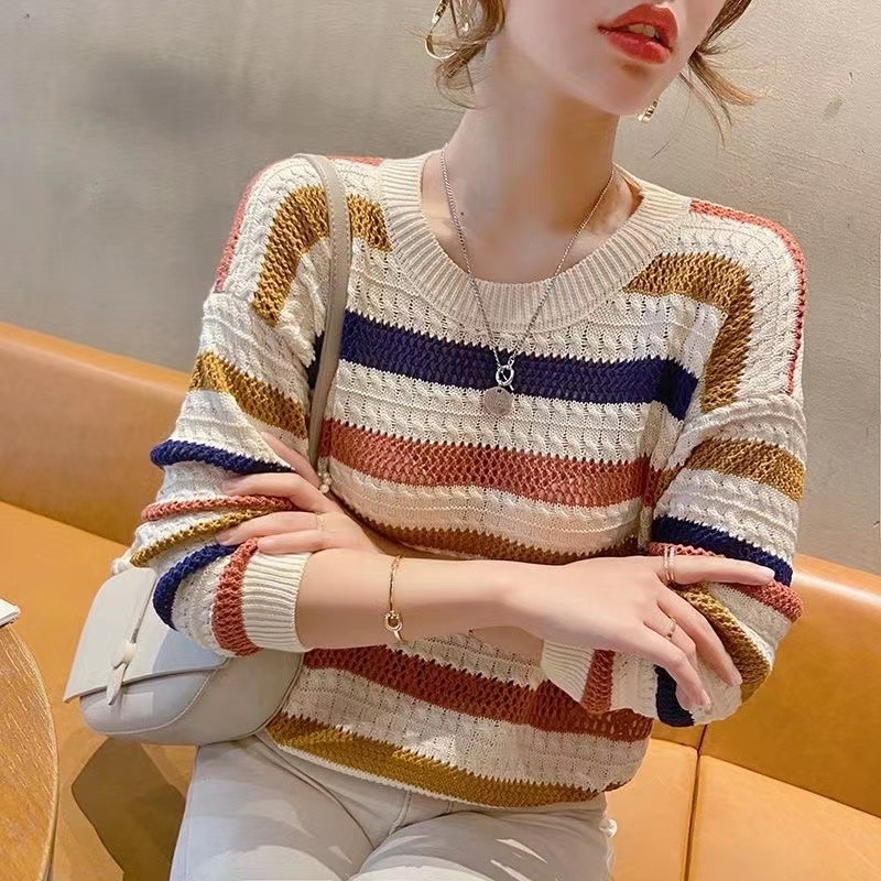 Jual Top Knit Import Sweater - Atasan Wanita Rajut Jaring Import Stripes | Shopee Indonesia