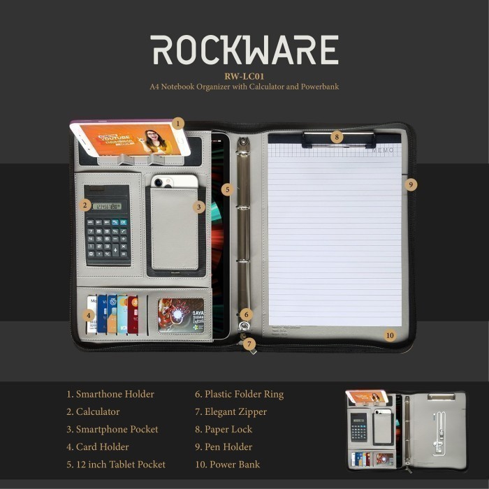 Jual ROCKWARE RW-LC01 - A4 Notebook Organizer with Calculator and Powerbank | Shopee Indonesia
